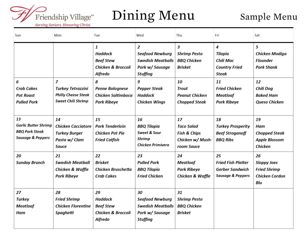 Friendship Village Menu | Friendship Village Services